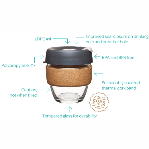 KeepCup Reusable Coffee Cup - Brew Glass & Cork - Extra Small 6oz Grey ...